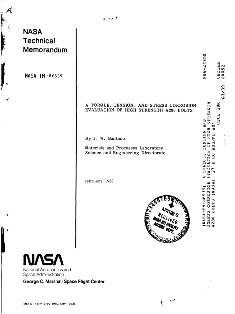 A Torque, Tension and Stress Corrosion Evaluation of High Strength A286 ...
