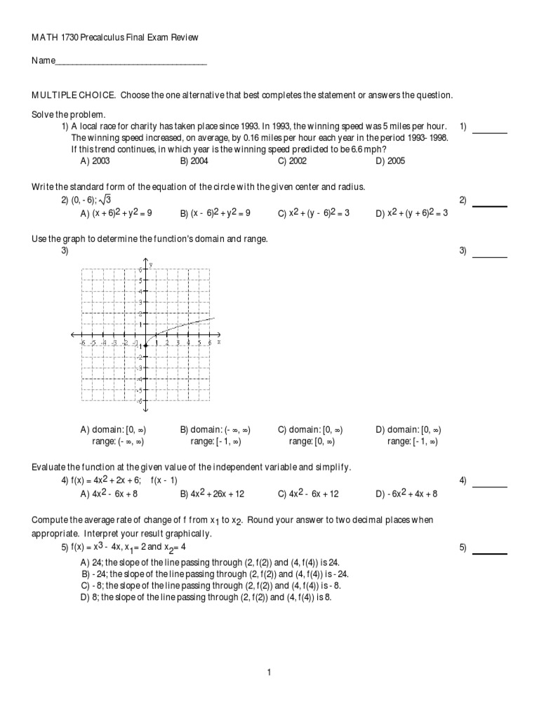 Precalculus MATH 1730 Final Exam Review | Logarithm | Maxima And Minima ...