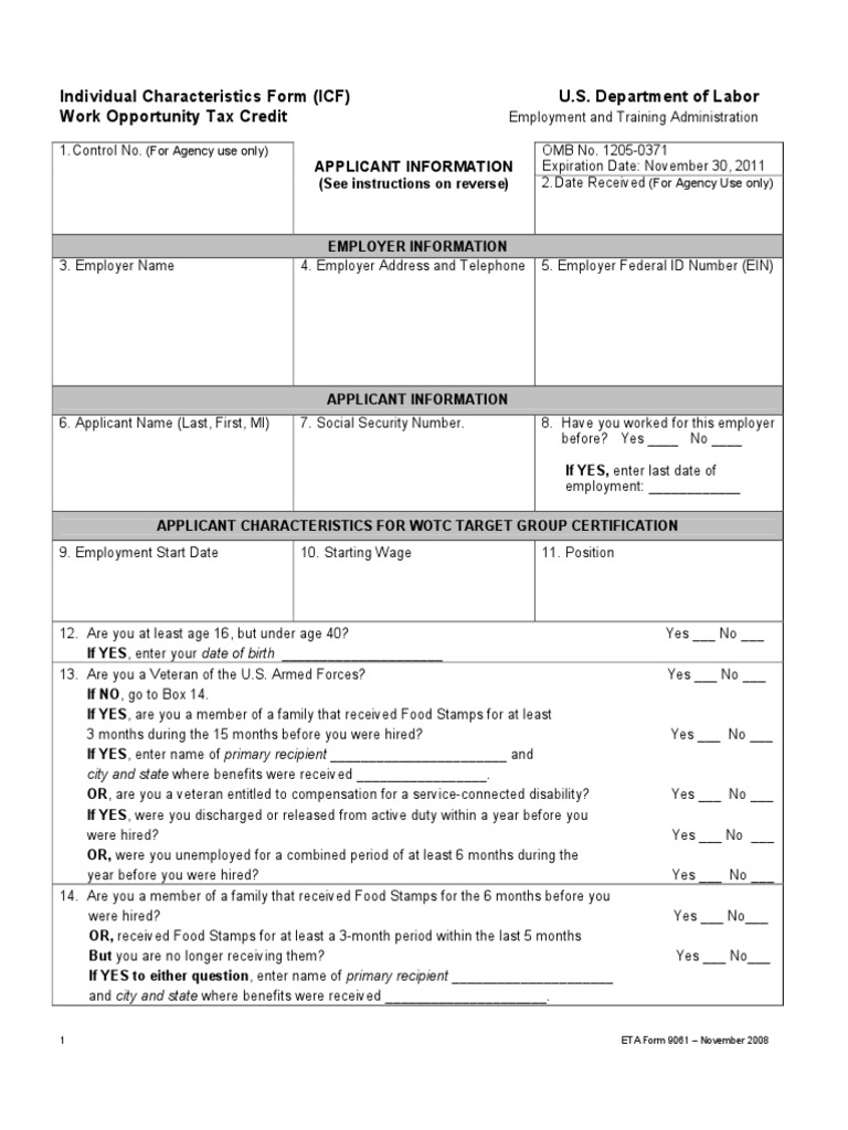 Individual Characteristics Form (ICF) Work Opportunity Tax Credit | PDF ...