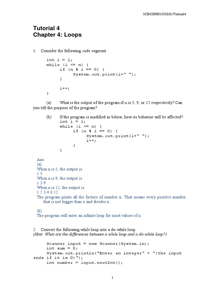 Tutorial 4 Chapter 4: Loops: (Hint: What Are The Differences Between A ...