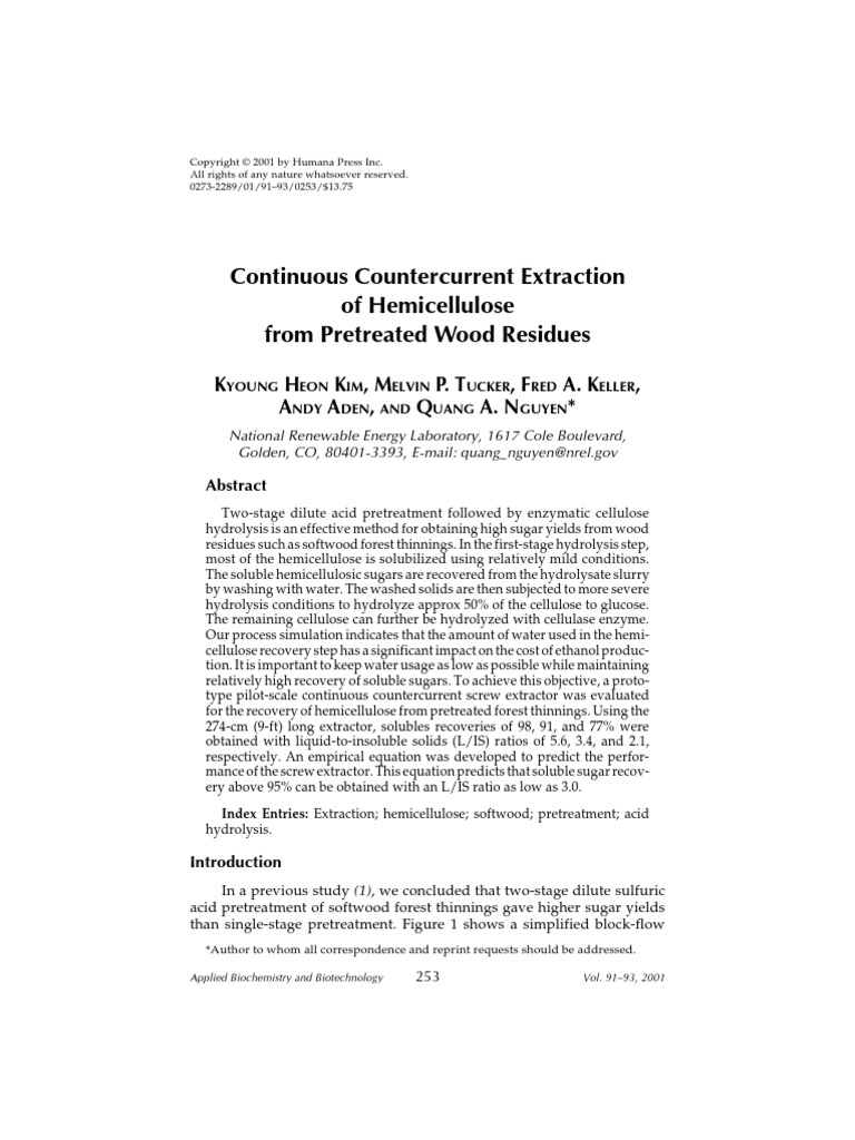 Continuous Countercurrent Extraction of Hemicellulose From Pretreated ...