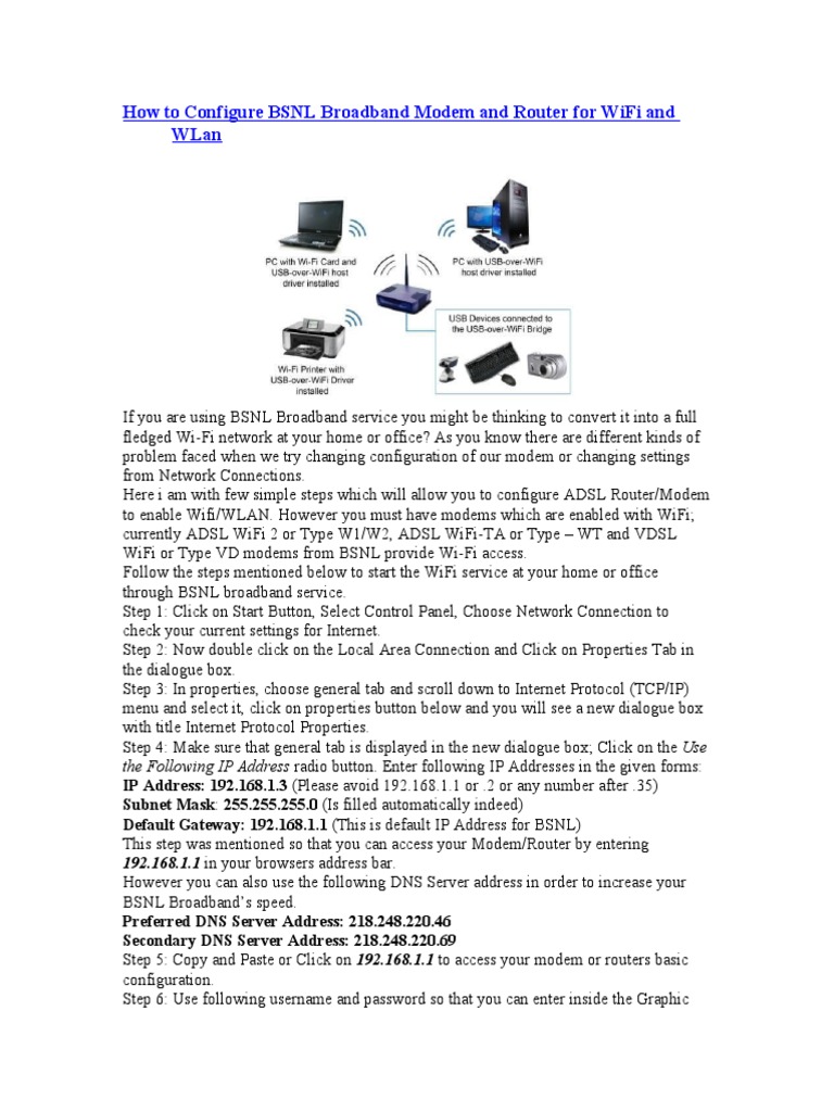 Configure BSNL Broadband Modem | PDF | Wi Fi | Internet Access
