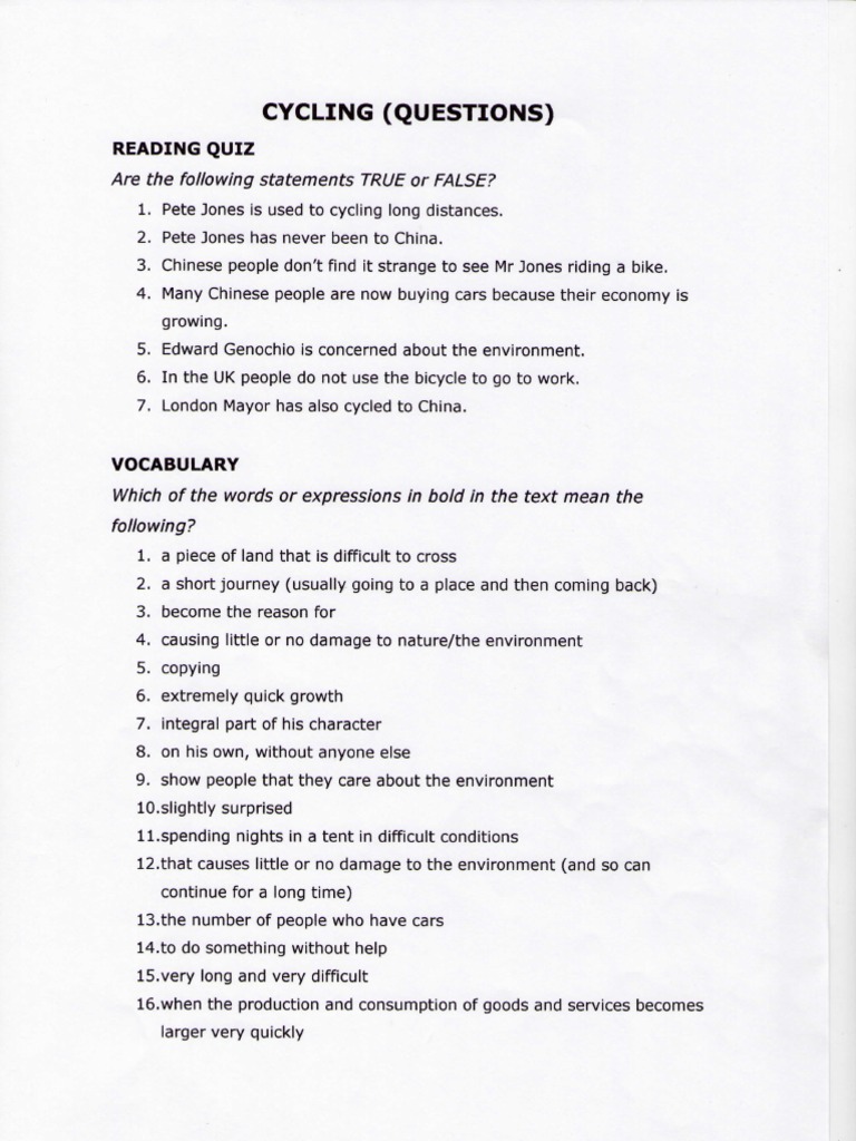 Cycling - Questions | PDF | United Kingdom | Car