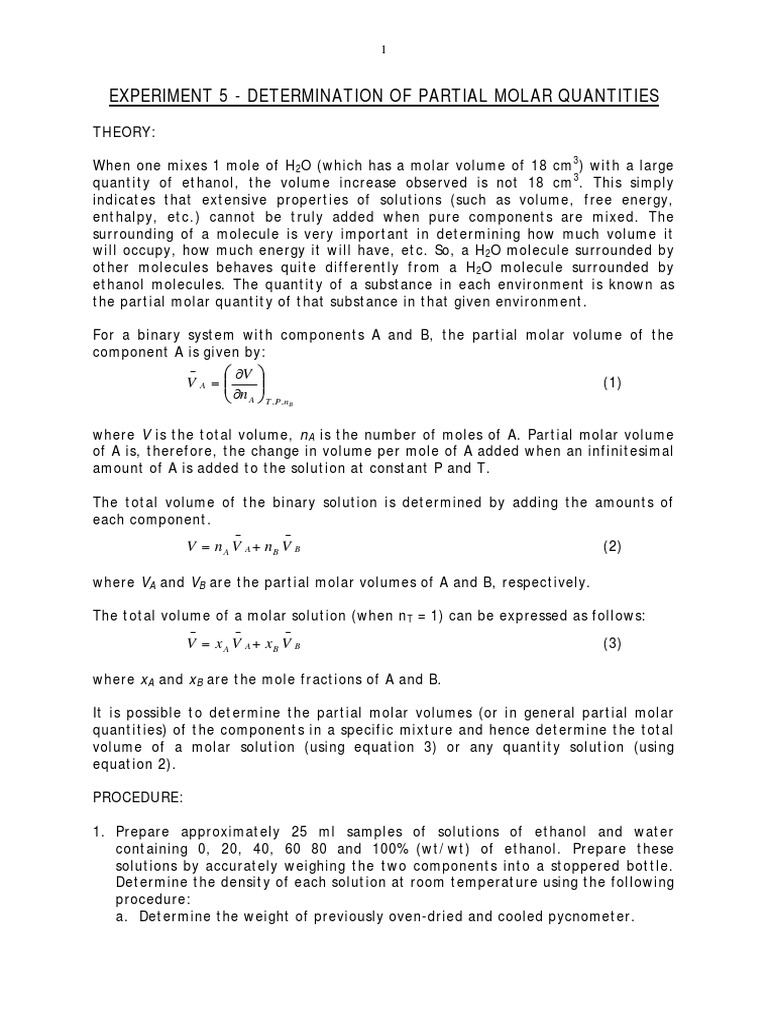 EXP5-Determination of Partial Molar Quantities | PDF | Molar ...