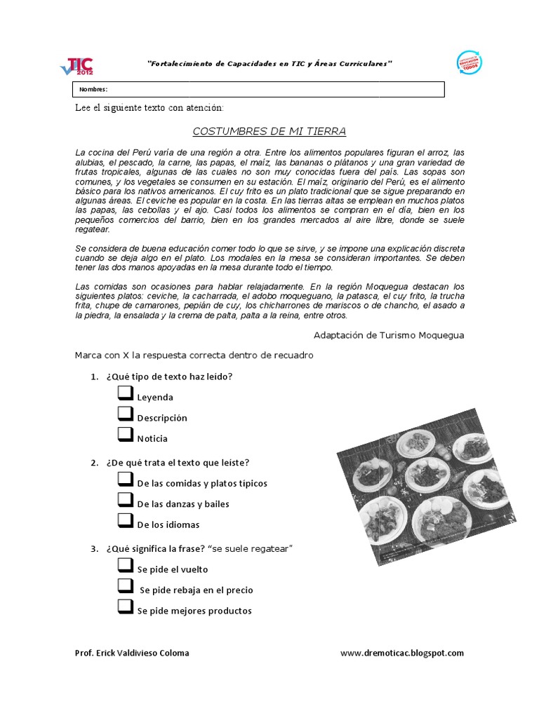 Lectura Costumbres de Mi Tierra | PDF | Preparación de comida y bebida ...