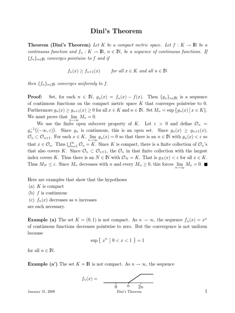 Dini's Theorem | PDF | Continuous Function | Element (Mathematics)