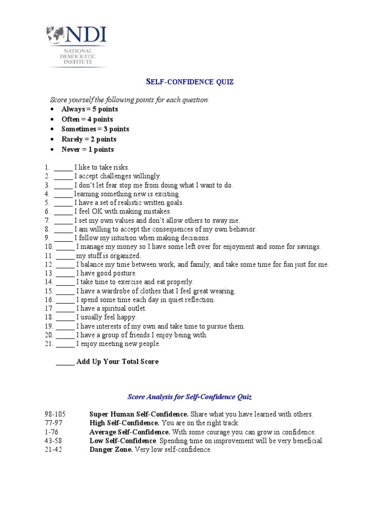 Self-Confidence Assessment Quiz | PDF | Metaphysics Of Mind ...