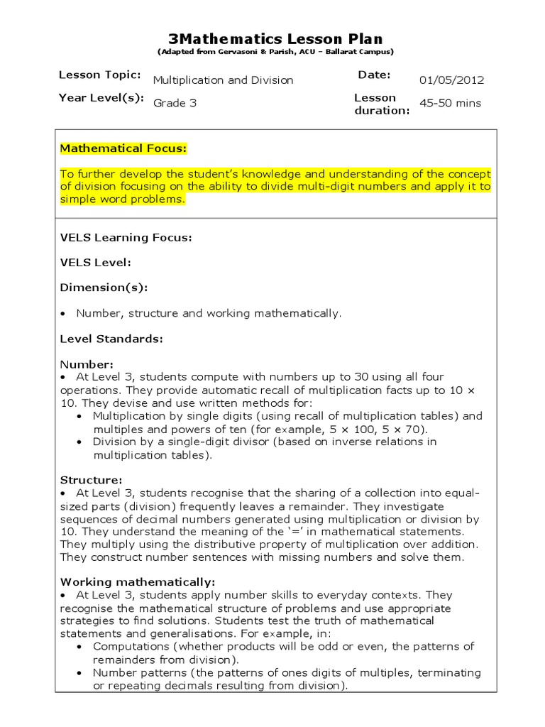 Grade 3 Division Lesson Plan | PDF | Educational Psychology | Cognition