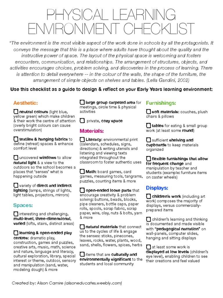 physical learning environment checklist | Furniture | Learning