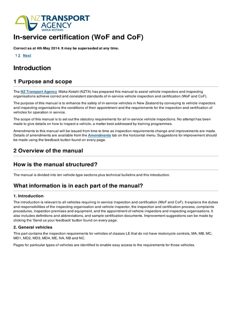 In Service Certification (Wof and Cof) | PDF | Vehicles | Road