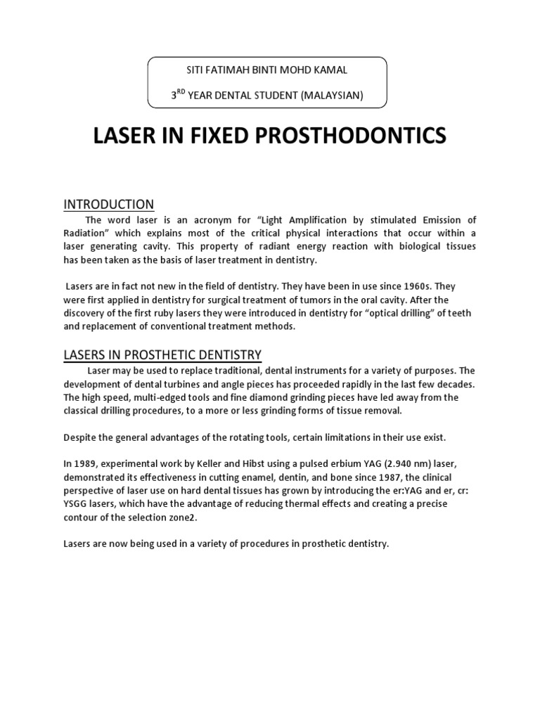 Lasers in Fixed Prosthodontics | PDF | Laser | Dentistry