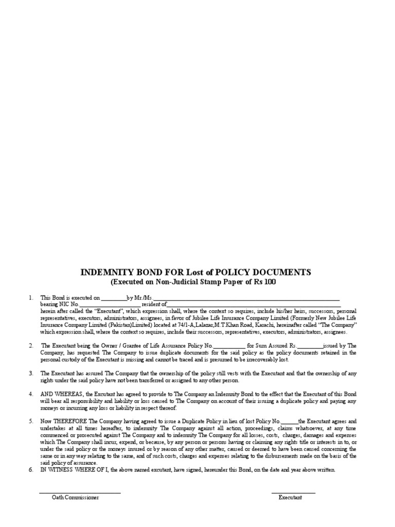 Indemnity Bond for Lost Policy Document | PDF | Finance & Money Management