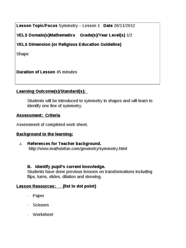 Symmetry - Lesson Plan | PDF