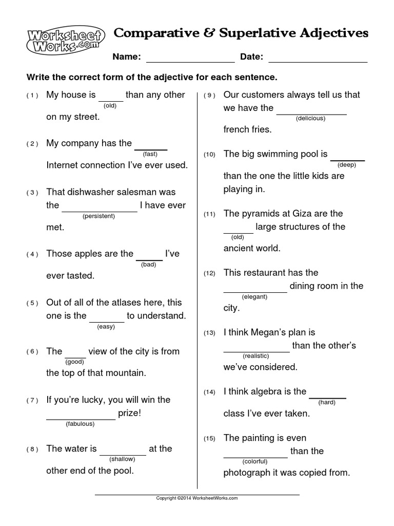WorksheetWorks Comparative Superlative Adjectives 1 | PDF