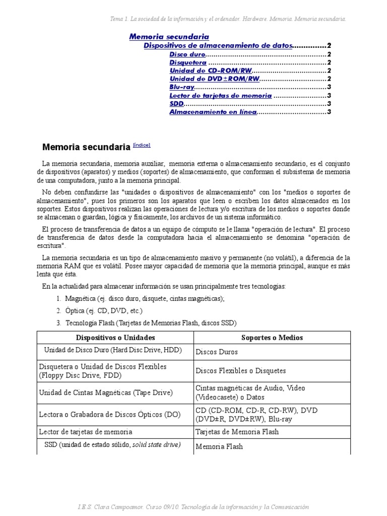 Definición y Tipos de Memoria Secundaria | PDF | Almacenamiento de ...
