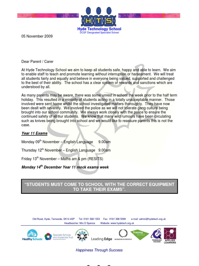 Parents Letter 05/11/09 | PDF | Behavior Modification | Learning