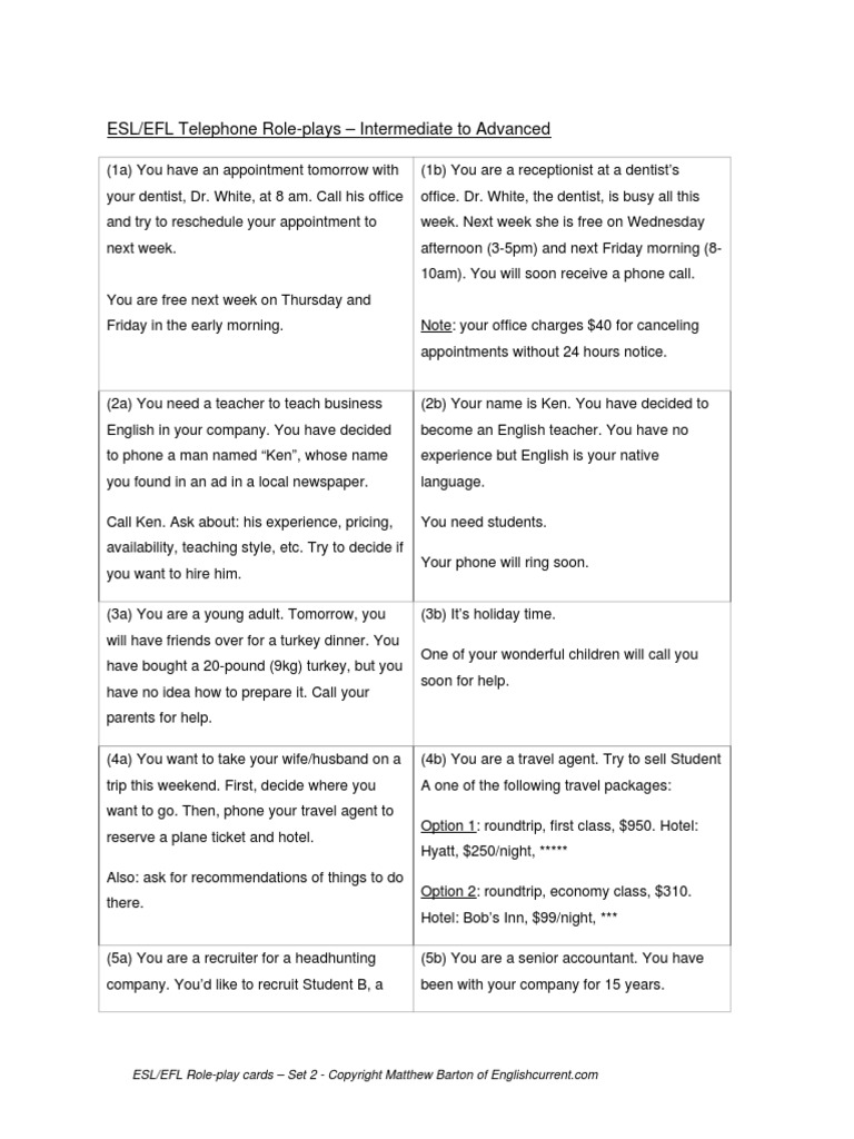 ESL Roleplay Cards Advanced Intermediate 2 | Download Free PDF ...