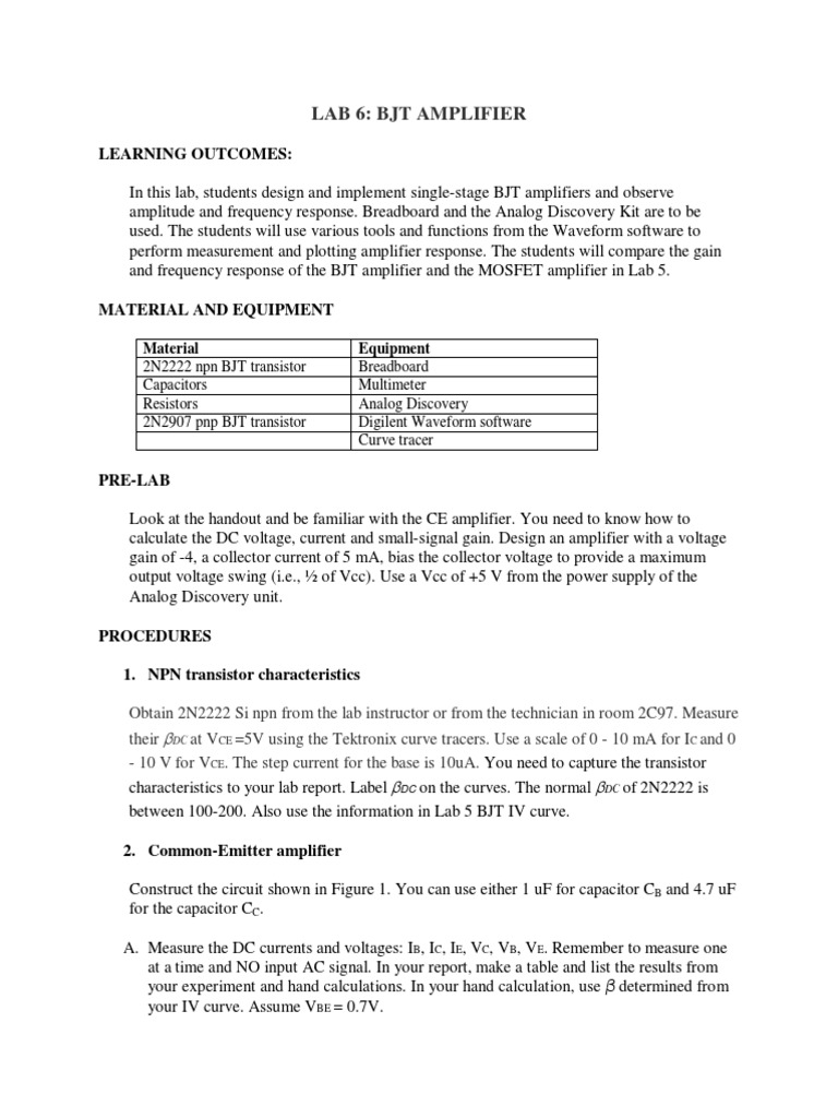 Lab6 BJT Amplifier | PDF | Amplifier | Bipolar Junction Transistor