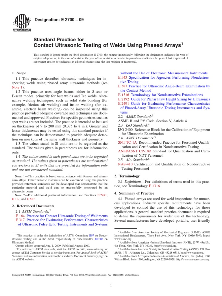 ASTM E2700 09 Standard Practice For Contact Ultrasonic Testing of Welds ...