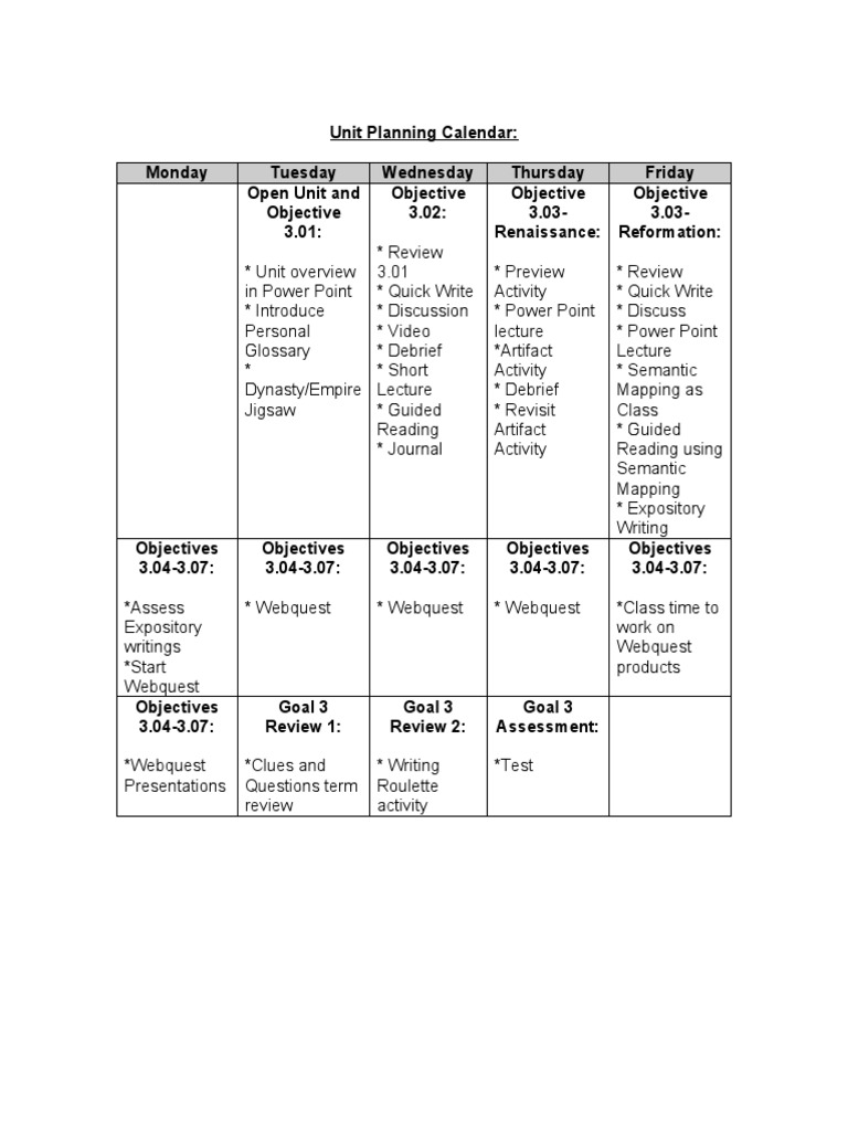 Unit Planning Calendar | PDF