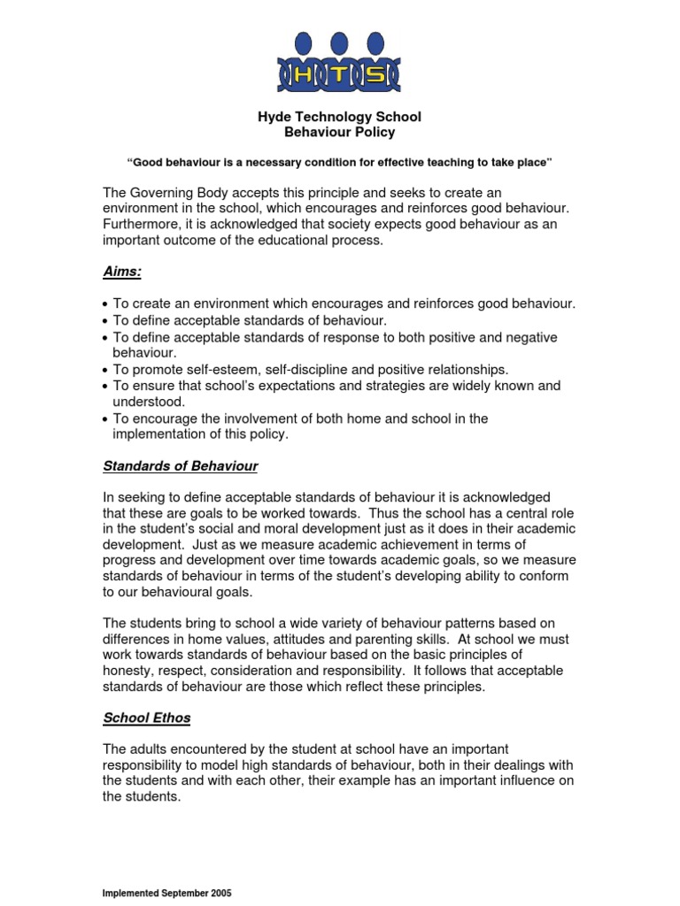 Aims:: Hyde Technology School Behaviour Policy | PDF | Classroom ...