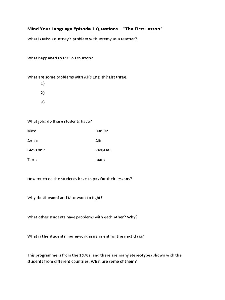 Mind Your Language Episode 1 Questions | PDF