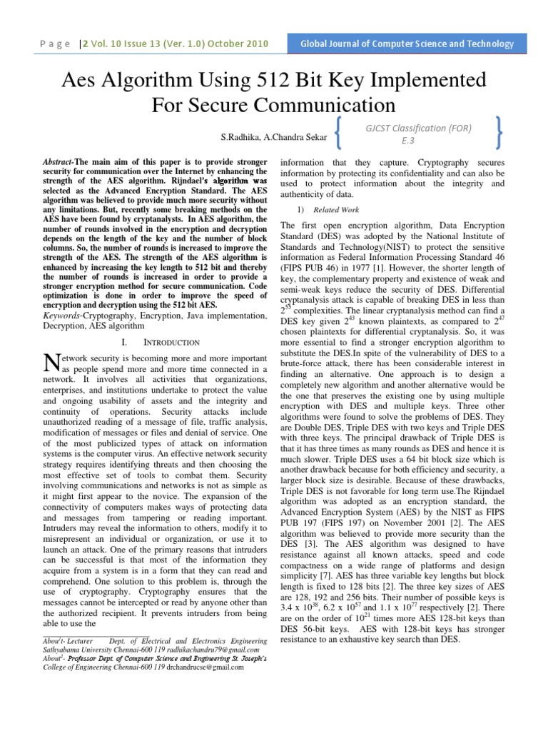 1 Aes Algorithm Using 512 Bit Key Implemented For Secure Communication