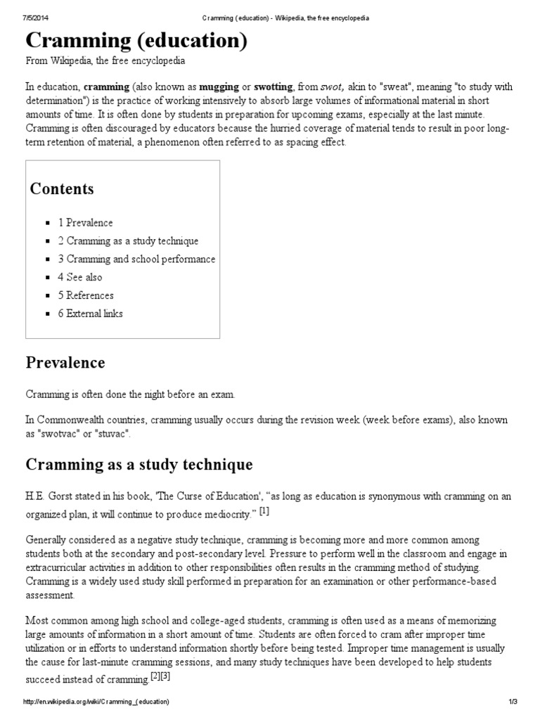 Cramming (Education) - Wikipedia, The Free Encyclopedia PDF | PDF ...