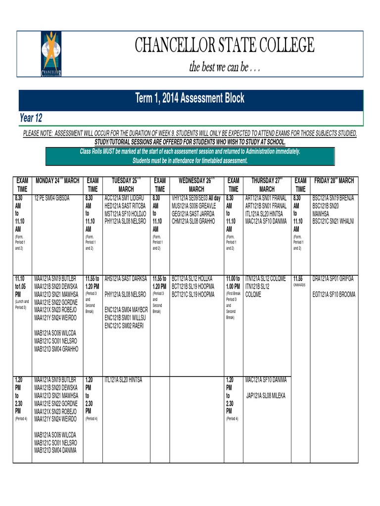 Year 12 Term 1 Exam Schedule 2014 | PDF
