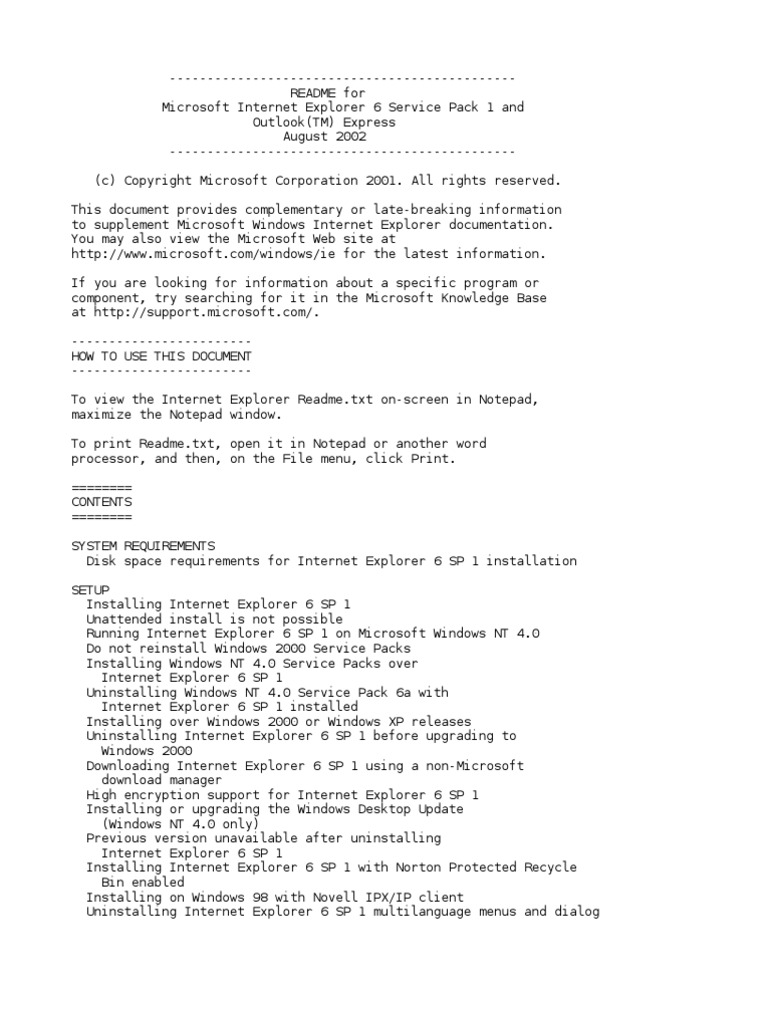 README For Microsoft Internet Explorer 6 Service Pack 1 and | PDF ...