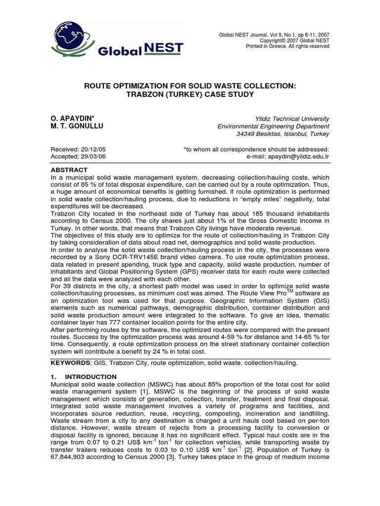 ROUTE OPTIMIZATION FOR SOLID WASTE COLLECTION.pdf | Municipal Solid ...