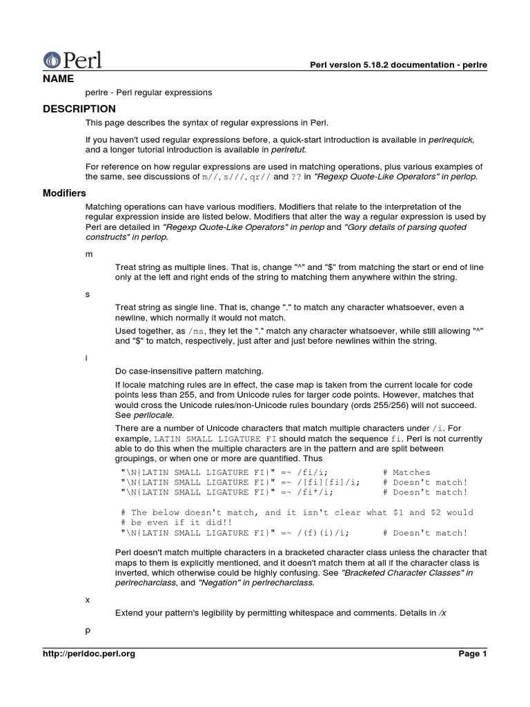 Perl Regex Documentation | PDF | Regular Expression | Character Encoding Perl Regex Documentation | PDF | Regular Expression | Character Encoding