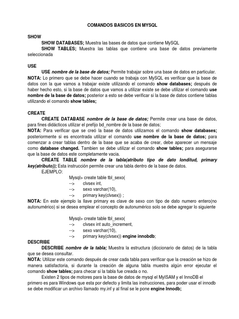 Comandos Mysql | PDF | Tabla (base de datos) | Mi sql