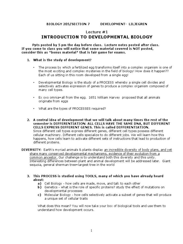 Introduction To Developmental Biology: Lecture #1 | PDF | Cell (Biology ...