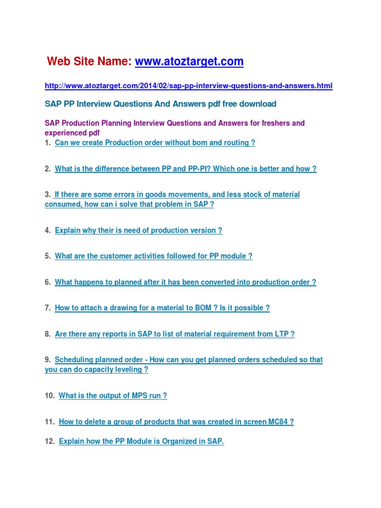 Web Site Name:: SAP PP Interview Questions and Answers PDF | PDF