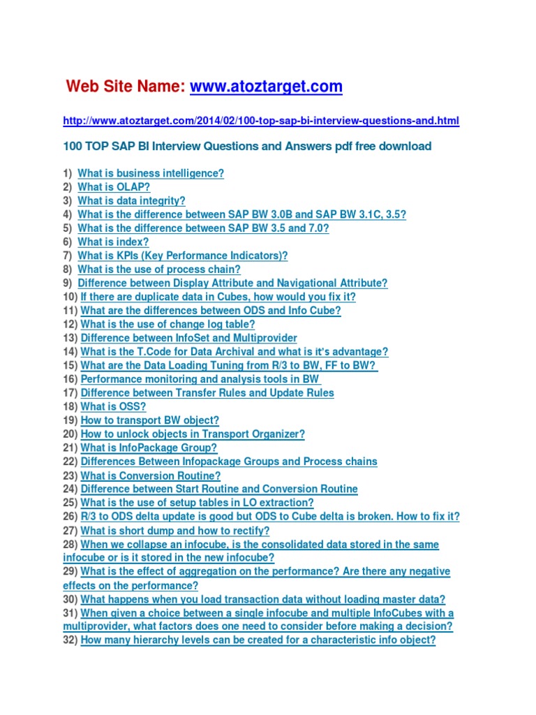 Web Site Name:: 100 TOP SAP BI Interview Questions and Answers PDF | PDF | Databases | Areas Of ...