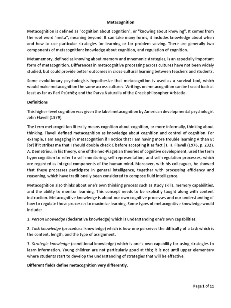 Metacognition: Page 1 of 11 | PDF | Metacognition | Emergence