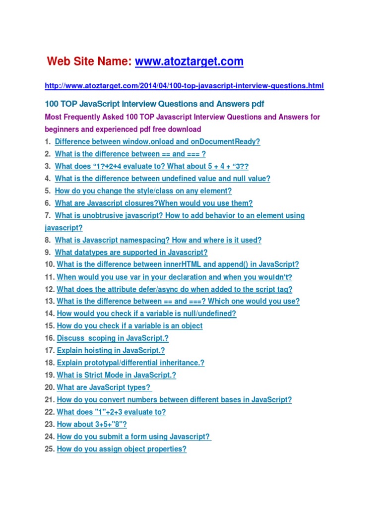 Web Site Name:: 100 Top Javascript Interview Questions and Answers PDF ... Web Site Name:: 100 Top Javascript Interview Questions and Answers PDF ...
