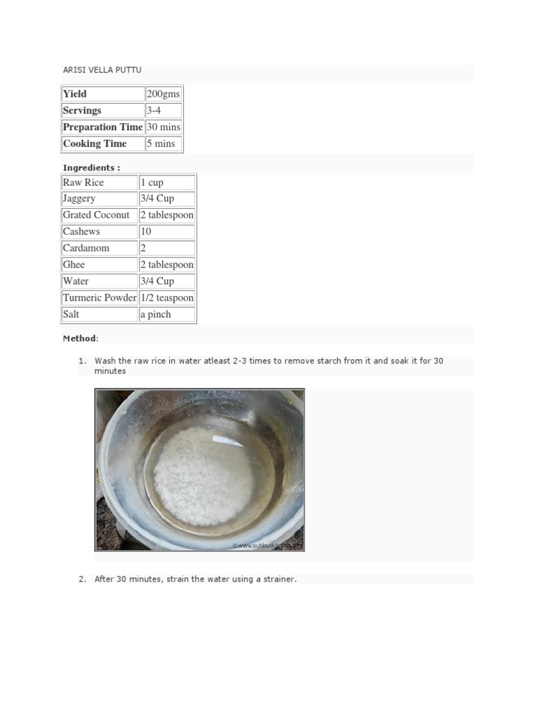 Yield Servings Preparation Time 30 Mins Cooking Time: Arisi Vella Puttu | PDF | Asian Cuisine ...