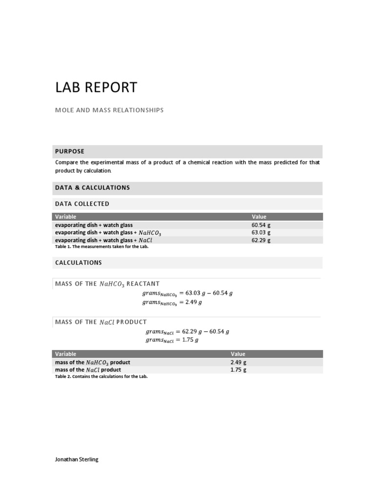 Mole and Mass Relationships Lab Report | PDF | Mole (Unit) | Chemical ...