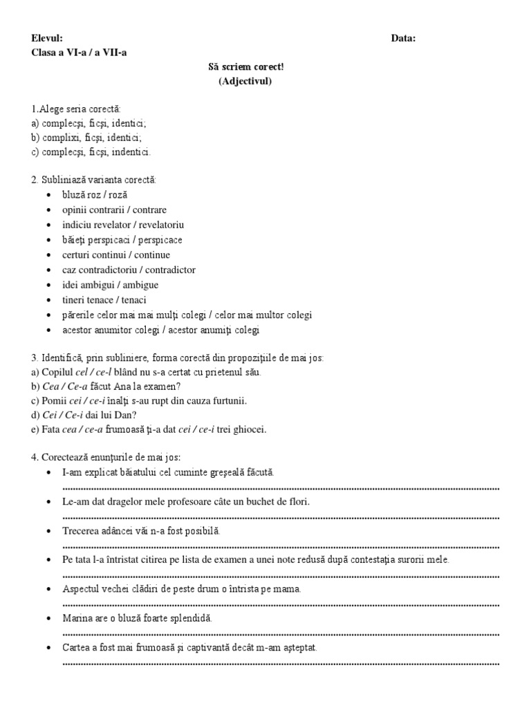 Test Adjectivul-clasa VI