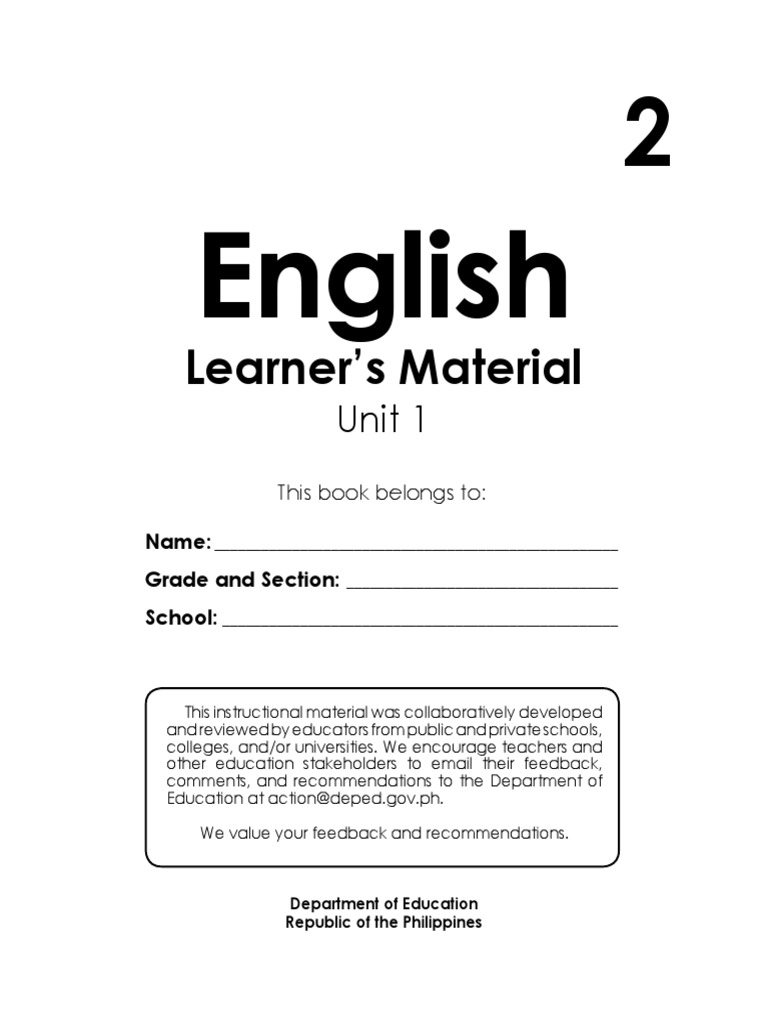 GR 2 English Unit 1 Learner's Material | PDF | Teachers | Cognition