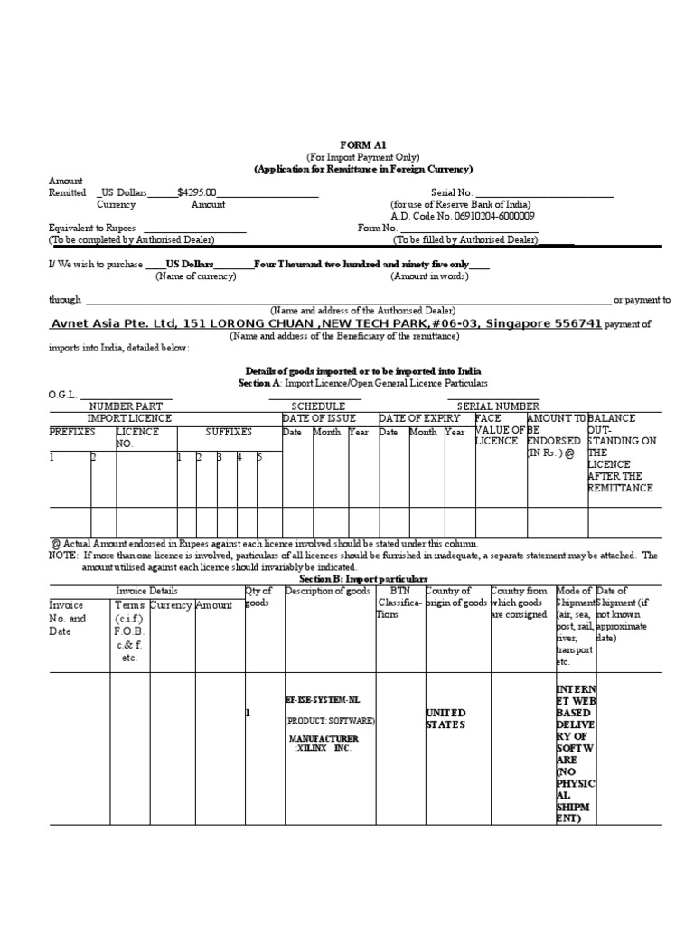 FORM A1 (For Import Payment Only) (Application For Remittance in | PDF ...