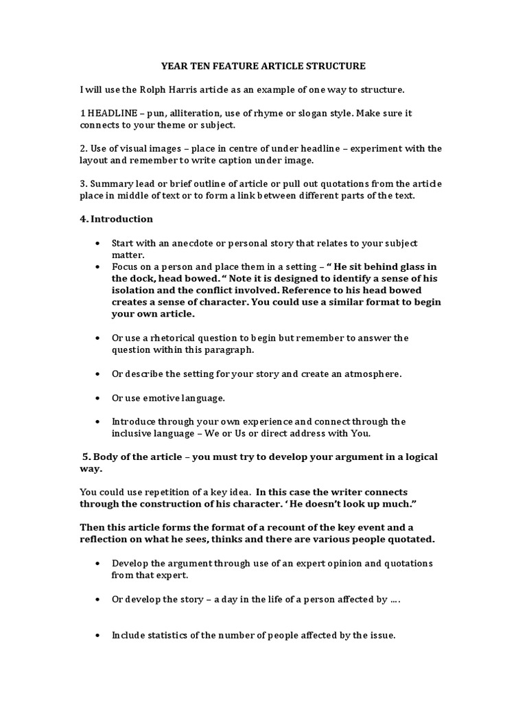 Year Ten Feature Article Structure | PDF | Argument | Essays
