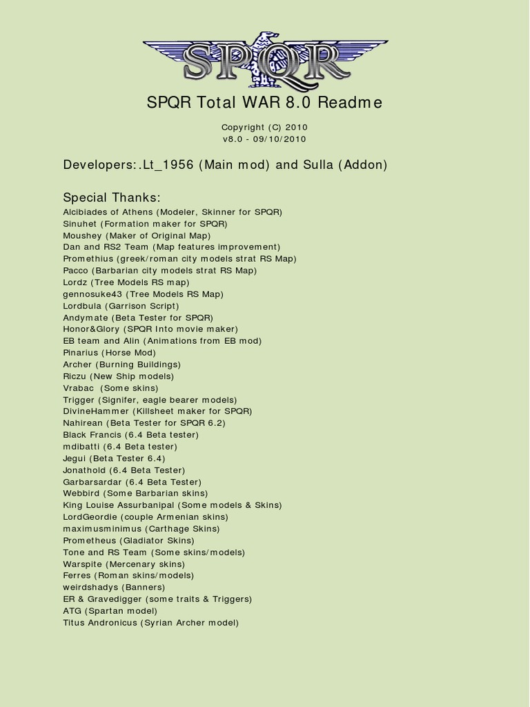 SPQR Total War 8.0 Readme | PDF | Roman Legion | Cavalry