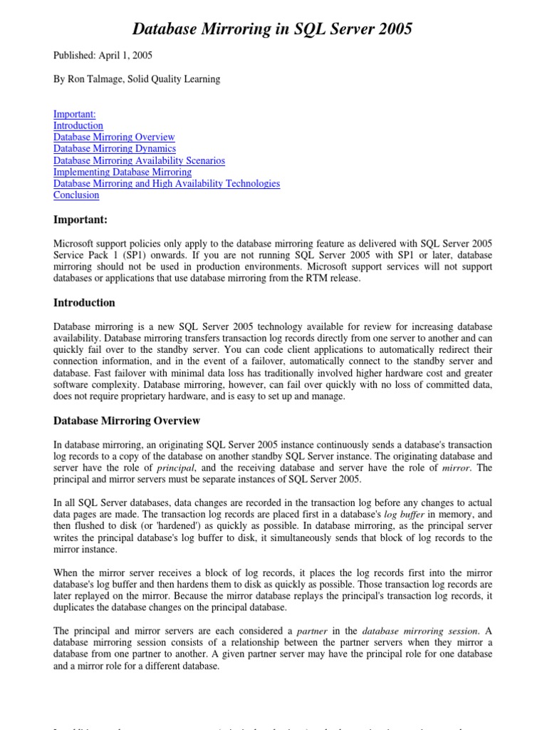Database Mirroring in SQL Server 2005 | PDF | Microsoft Sql Server | Databases