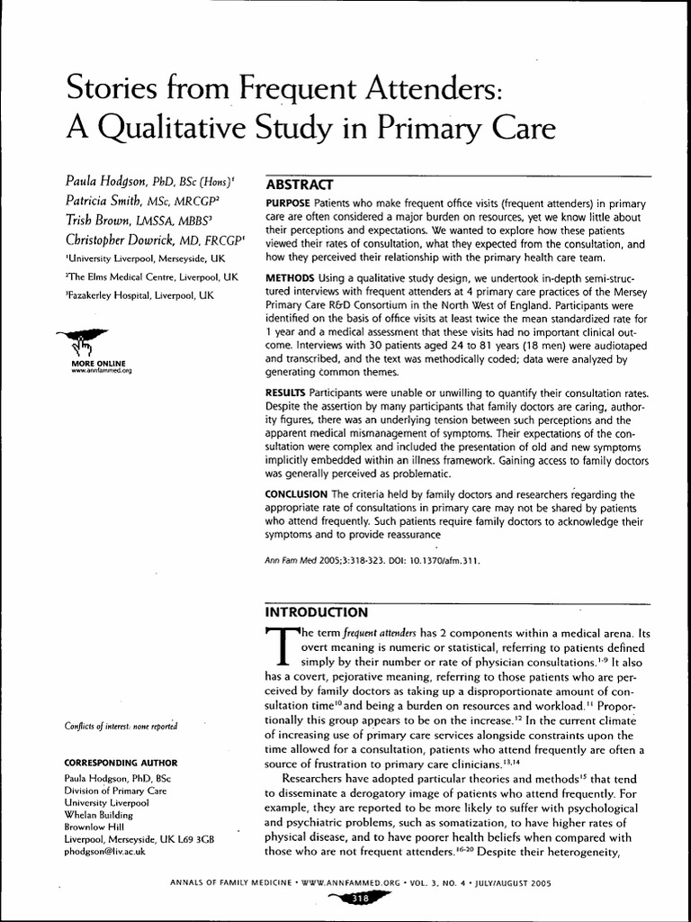 Stories From Frequent Attenders: A Qualitative Study in Primary Care ...
