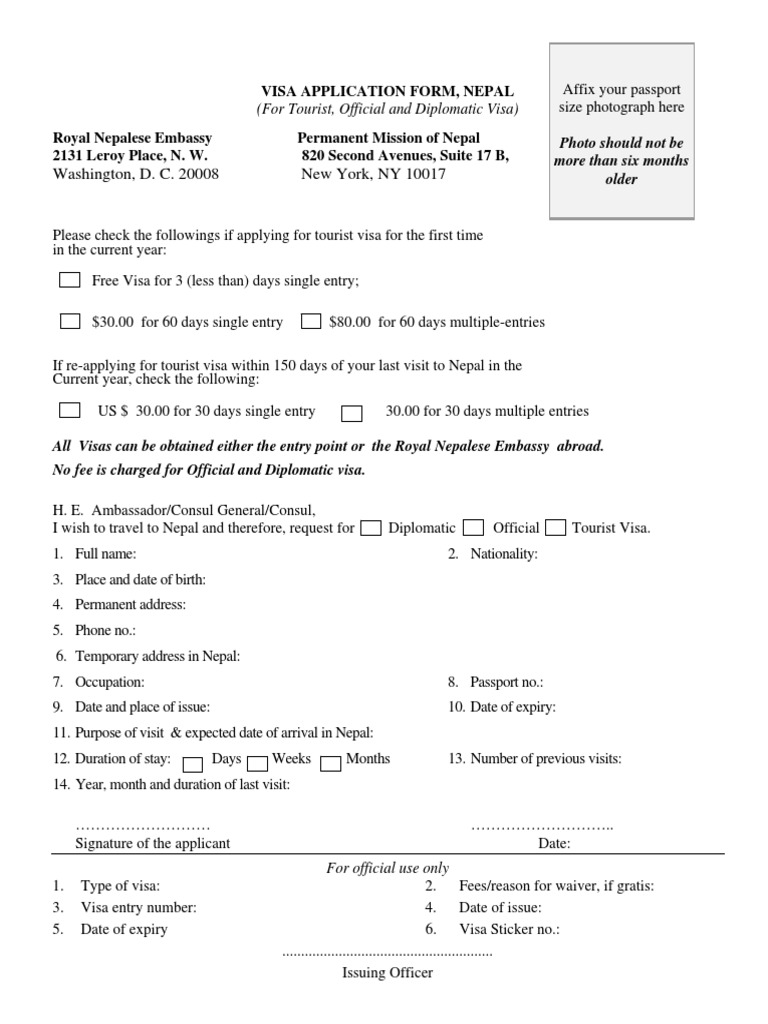 Nepal Visa Application Form | PDF | Diplomatic Mission | Travel Visa
