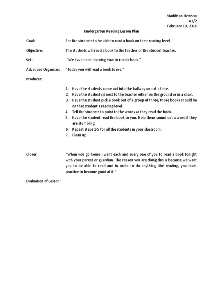 Kindergarten Reading Practice Plan | PDF | Lesson Plan | Education Theory