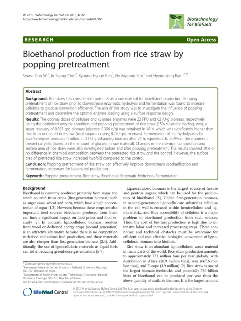 Bioethanol Production From Rice Straw by Popping Pretreatment | PDF ...